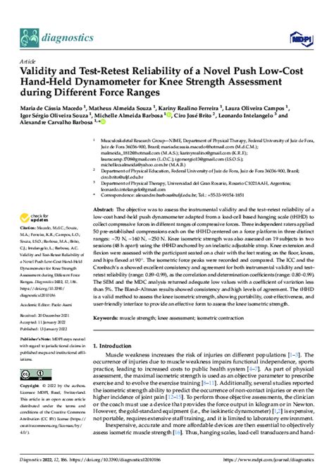 Pdf Validity And Test Retest Reliability Of A Novel Push Low Cost Hand Held Dynamometer For