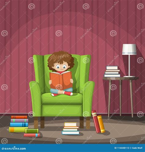 Ребенок сидит на стуле и читает книгу Иллюстрация вектора иллюстрации