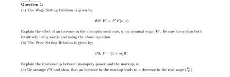 Solved Question 1 A The Wage Setting Relation Is Given