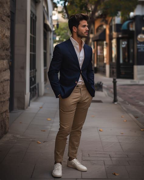Navy Blue Blazer Beige Chinos And Sneakers Hockerty