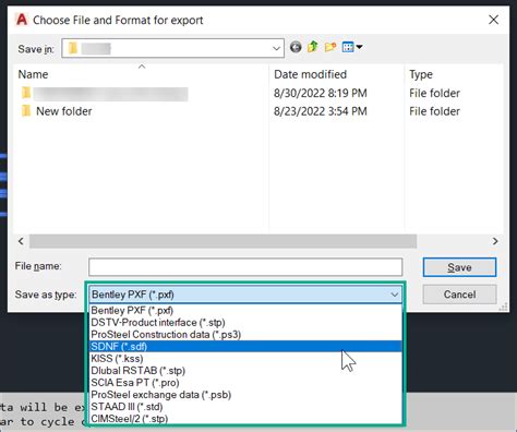 prostructures export formats in prosteel connect for autocad