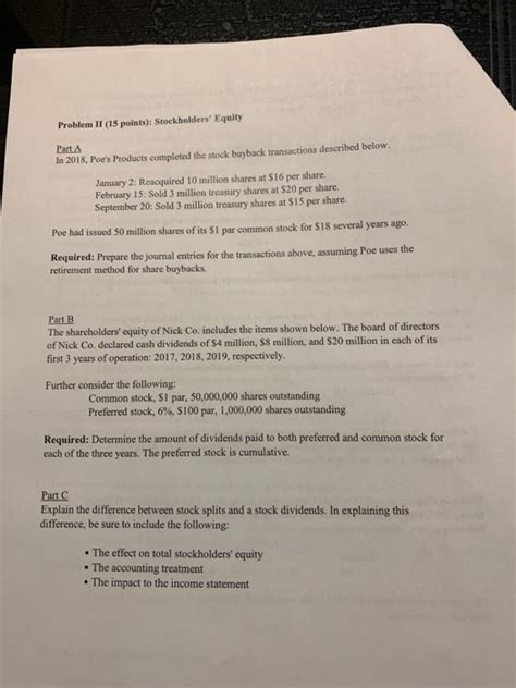 Solved Problem II Points Stockholders Equity Part A Chegg