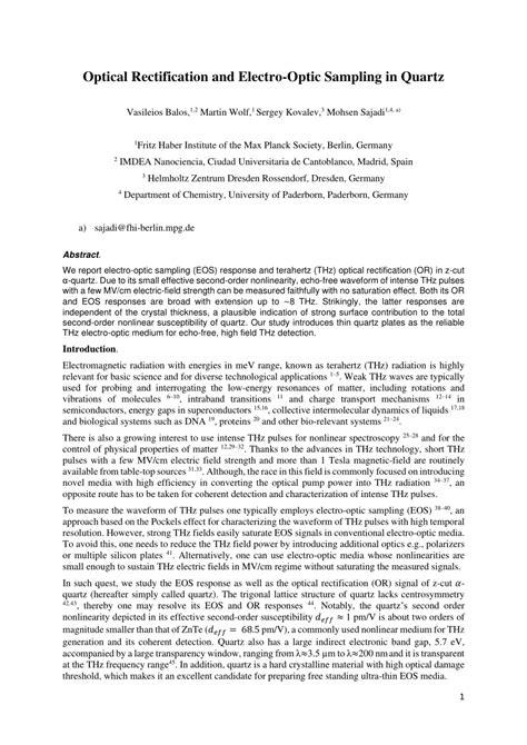 Pdf Optical Rectification And Electro Optic Sampling In Quartz
