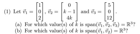 solved a for which value s of k is span ⃗v1 ⃗v2 ⃗v3