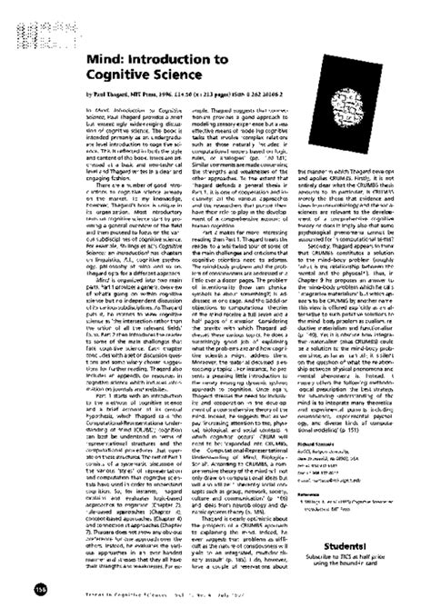 Pdf Paul Thagard Mind Introduction To Cognitive Science 1996 Mit Press 0 262 20106 2