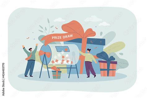 Cartoon Happy People Winning On Prize Draw Flat Vector Illustration