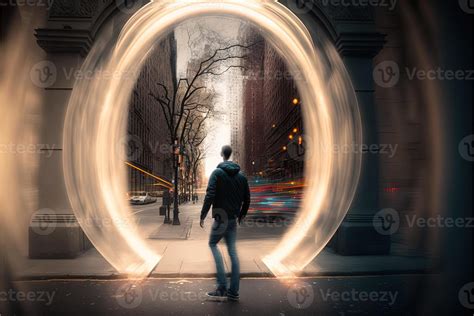 Man Inside Teleport Cabin While Teleporting In Lights Rays Illustration