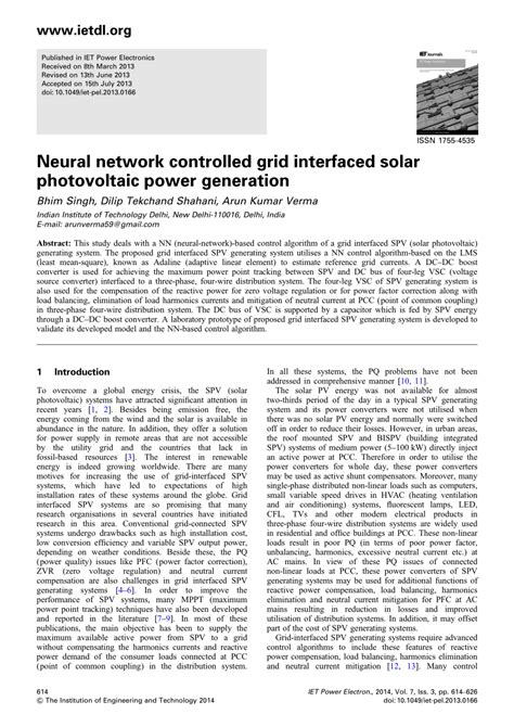 Pdf Neural Network Controlled Grid Interfaced Solar Photovoltaic Power Generation