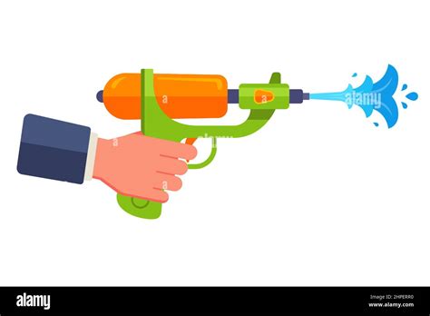 The Hand Holds A Water Pistol And Shoots Water Flat Vector