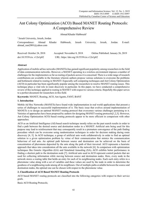 Pdf Ant Colony Optimization Aco Based Manet Routing Protocols A