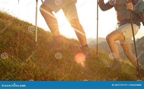 Sun Flare Young Trekkers Planting Their Poles In The Grass While