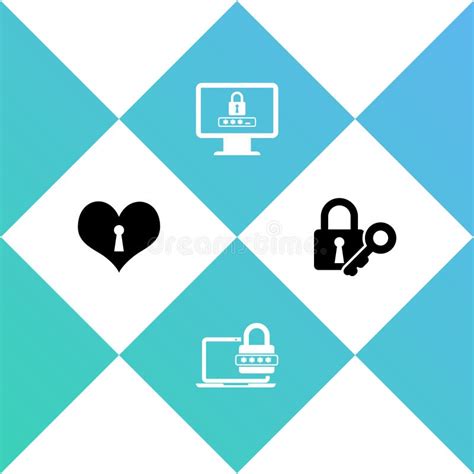 Set Heart With Keyhole Laptop Password Monitor And Lock And Icon Vector Stock Illustration