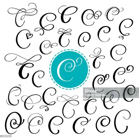 손으로 그린된 벡터 서 예 문자 C 스크립트 글꼴의 집합입니다 잉크와 함께 작성 하는 고립 된 편지 필기 브러쉬 스타일입니다