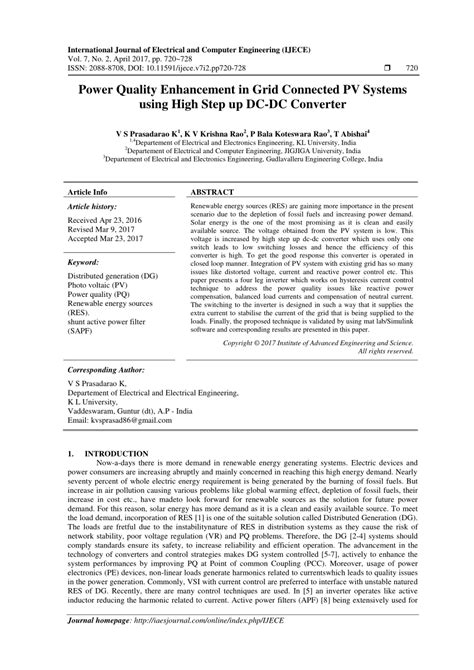 Pdf Power Quality Enhancement In Grid Connected Pv Systems Using High Step Up Dc Dc Converter
