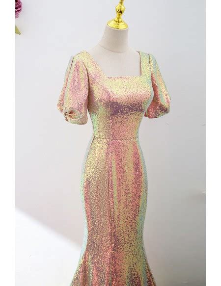 Sparkly Mermaid Long Party Dress Square Neck With Sleeves Mx17031