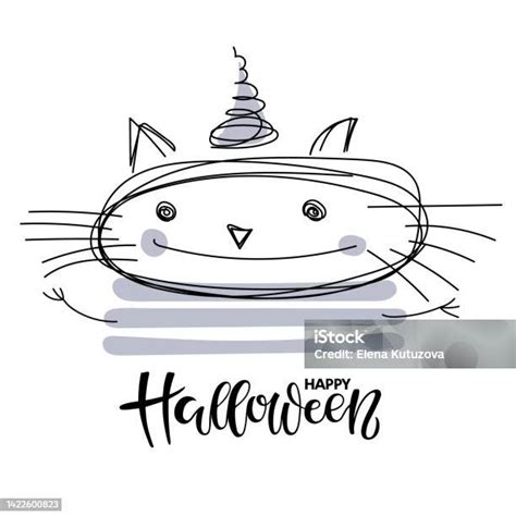 흰색 배경에 행복한 할로윈 레터링 기호 머리에 축제 모자가있는 낙서 선형 고양이 할로윈 축하 인용문 할로윈 스케치 가정 장식 초대장 선물을위한 벡터 일러스트 레이 션 10