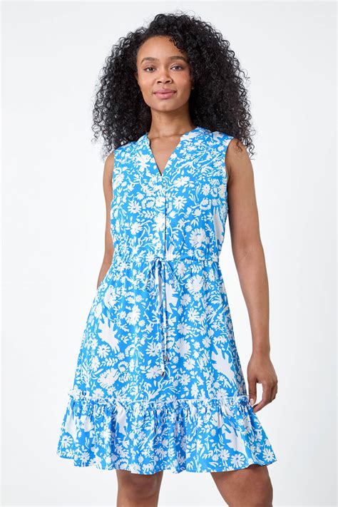 Blue Petite Ditsy Floral Frill Hem Shirt Dress Petite Uk
