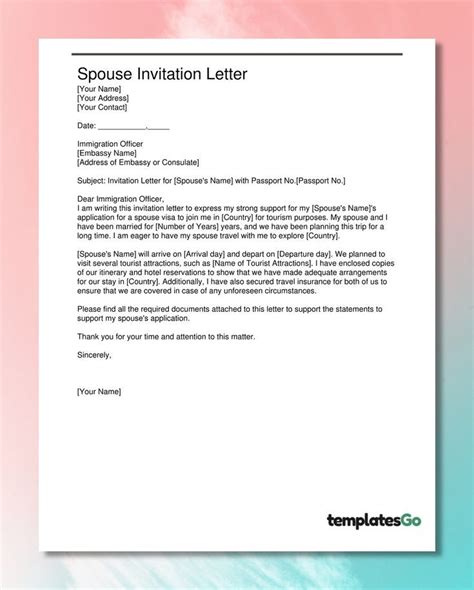 Invitation Letter For Your Spouse Visa Editable Template Lettering Invitations Visa