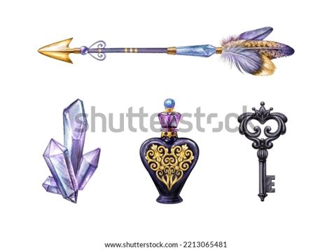 Collection Vintage Esoteric Objects Arrow Amethyst Stock Illustration