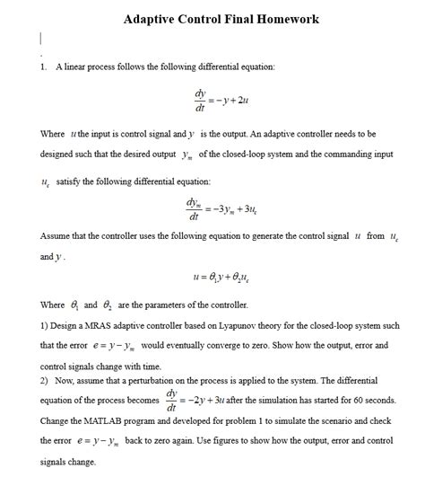 Solved Adaptive Control Final Homework 1 A Linear Process