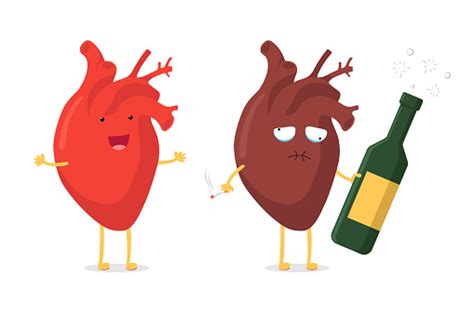 알코올 병과 흡연 담배와 강한 건강한 행복 만화 캐릭터슬픈 건강에 해로운 아픈 마음 벡터 만화 마스코트 비교 일러스트 술 마실