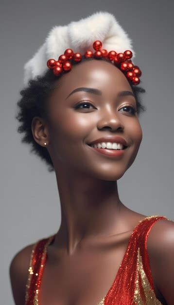 Beautiful African American Woman In Santa Claus Hat Premium Ai