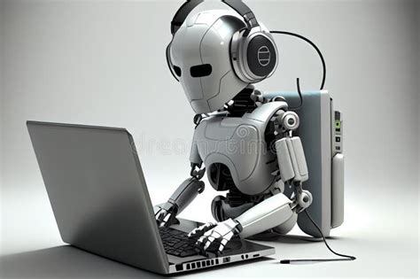 3d rendering humanoid robot working with headset and notebook stock