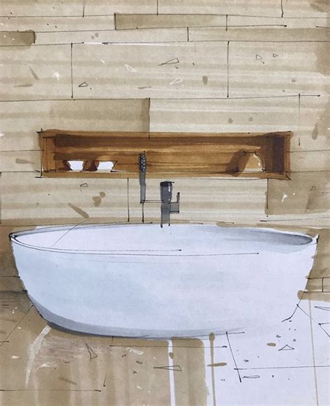 A Painting Of A Bathtub In Front Of A Wooden Wall With Shelves On It