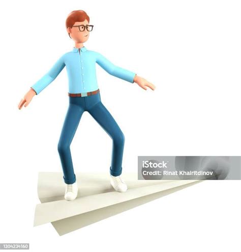 거대한 종이 비행기를 타고 날아다니는 웃는 창조적 인 남자의 3d 그림 흰색에 고립 된 목표에 도달 귀여운 만화 사업가 3차원