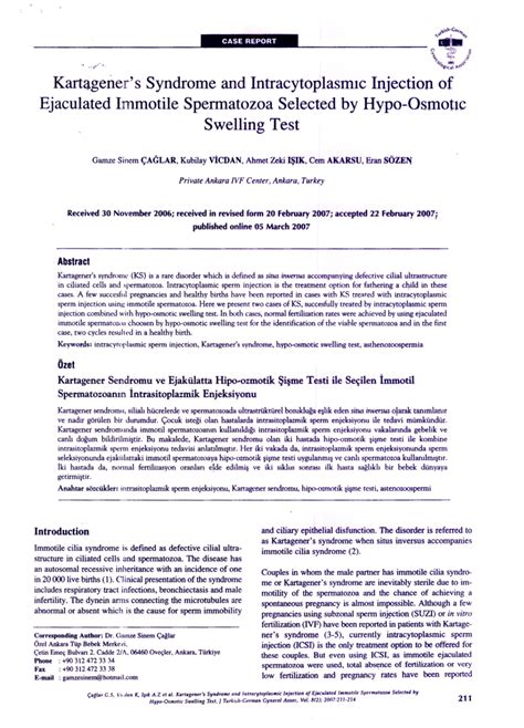 Pdf Kartageners Syndrome And Intracytoplasmic Injection Of Ejaculated Immotile Spermatozoa