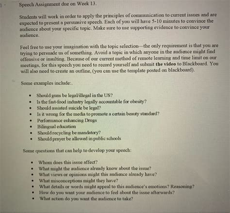Speech Assignment Due On Week 13 Students Will Work Chegg