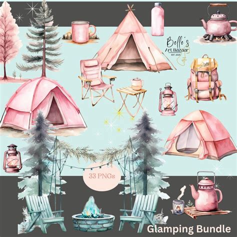 Pink Glamping Camping Clipart33 Pngsretro Watercolorclip Art Bundle Crafting Scrapbooking