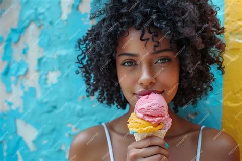 Premium Photo Young Woman Enjoying A Colorful Ice Cream Cone Against A Blue Textured Wall