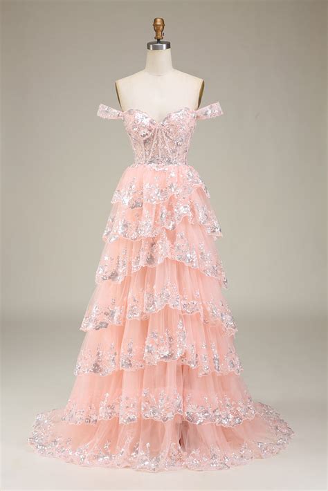 Zapaka Women Sparkly Prom Dress With Slit A Line Long Off The Shoulder