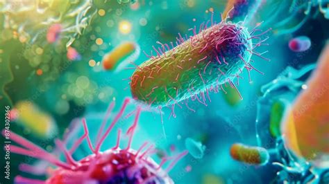 Close Up Colorful Image Of Various Bacteria And Microorganisms Under A
