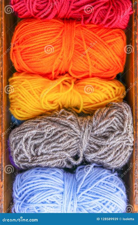 Colorful Skeins Of Yarn In Old Wooden Vintage Box Close Up Stock Image