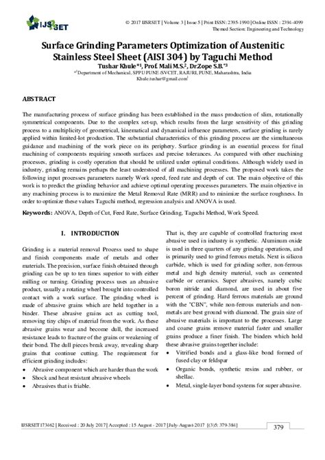 Pdf Surface Grinding Parameters Optimization Of Austenitic Stainless