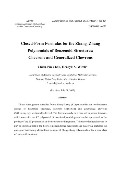 Pdf Closed Form Formulas For The Zhangzhang Polynomials Of Benzenoid
