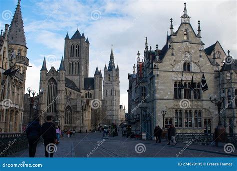 Iconic Gothic Architecture In Ghent Belgium Downtown Saint Nicholas