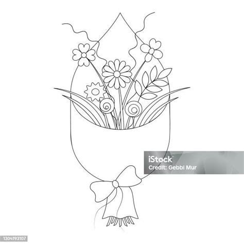 꽃다발 스케치 다른 색상의 기프트 랩핑은 활과 묶여 있습니다 벡터 그림입니다 어린이를위한 색칠 공부책 격리된 흰색 배경의 윤곽선 카모마일 오키드 장미 잎 낙서 스타일 리본에