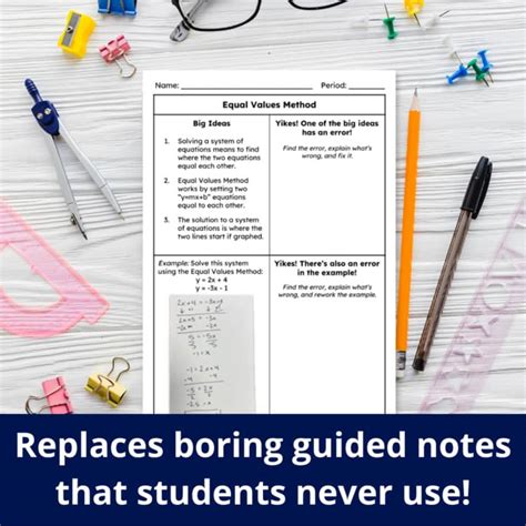 Solving Systems Of Equations Algebraically Equal Values Method Notes