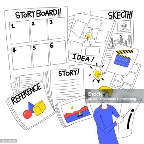 Homme Avec Un Croquis Simple Et Étapes Du Processus Didée Au Storyboard