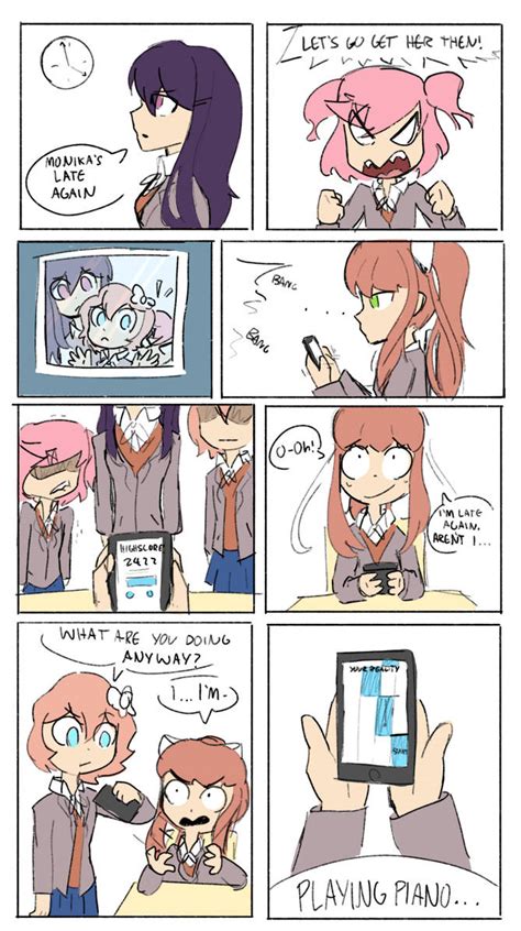Monika Is Late To The Club Because She Is Playing Piano By Bubblegummy On Deviantart R
