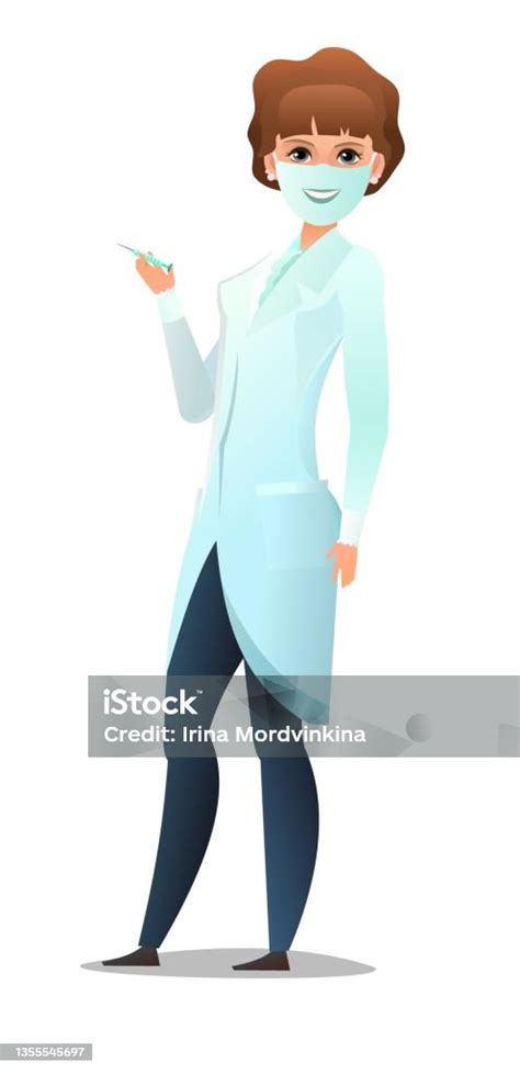 가운과 유머 마스크를 드레싱에 낙관적 인 여성 의사 서있는 자세에 쾌활한 사람 만화 만화 스타일의 평면 디자인 별도의 소녀