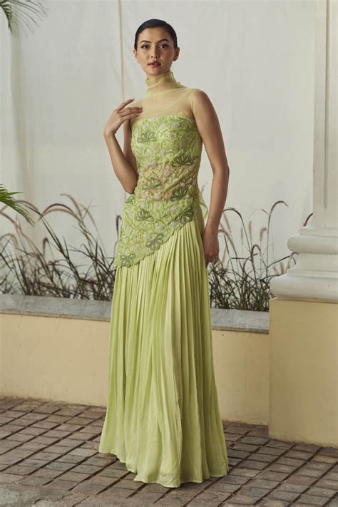 Buy Green Georgette Embroidery Floral Round High Neck Asymmetric Top