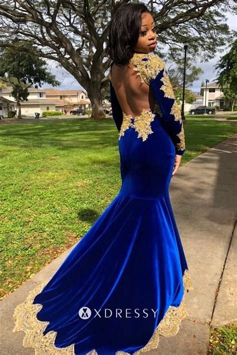 Gold Lace Royal Blue Velvet Sleeved Slit Prom Gown Xdressy
