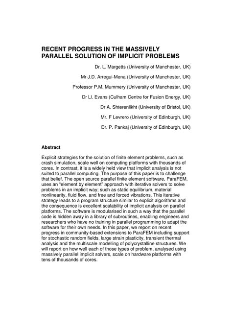 Pdf Recent Progress In The Massively Parallel Solution Of Implicit