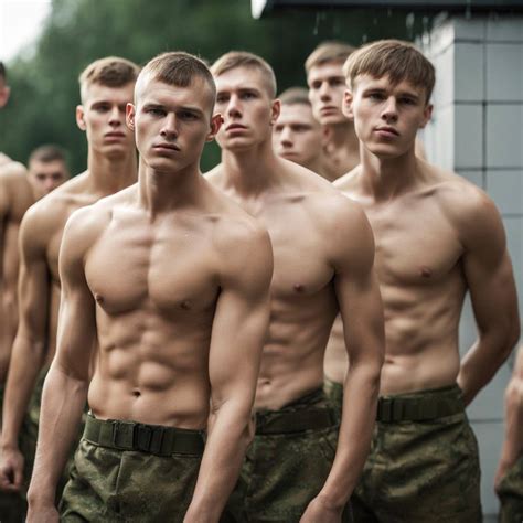Group Of Young Shirtless Russian Soldiers In Milit By Delfinamarillo On