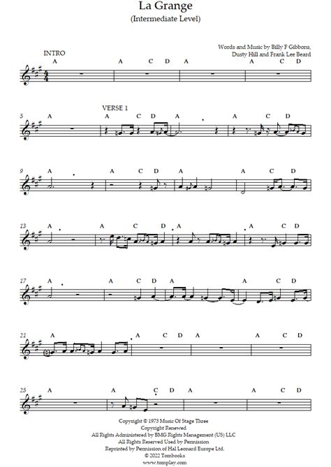 La Grange Intermediate Level Zz Top Flute Sheet Music