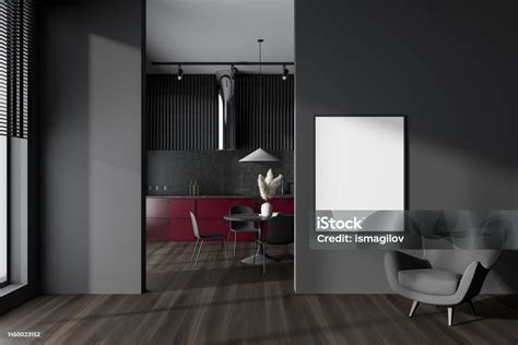 식사 공간과 휴식 공간 창문이 있는 회색 주방 인테리어 모형 프레임 0명에 대한 스톡 사진 및 기타 이미지 0명 3차원 형태 가정 생활 Istock